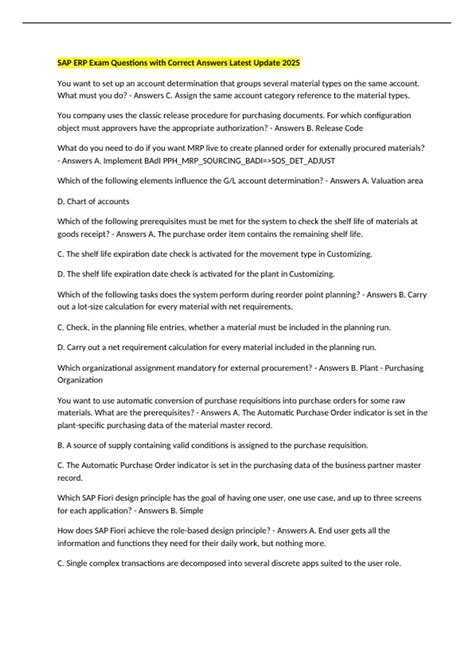 SAP ERP Exam Questions With Correct Answers Latest Update 2025 SAP ERP Stuvia US