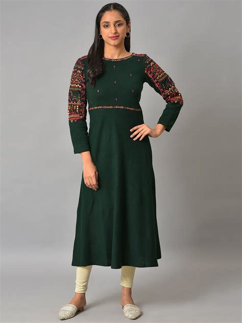 Buy W Women Green And Red Ethnic Motifs Printed Acrylic Kurta Kurtas