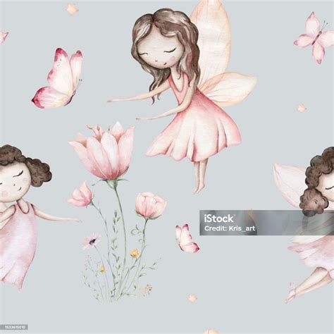 요정과 꽃 수채화 매끄러운 소녀 보육 패턴입니다 만화 핑크 마술 소녀 아기 배경 페이티테일 텍스타일 아트 개체 그룹에 대한 스톡 벡터 아트 및 기타 이미지 Istock