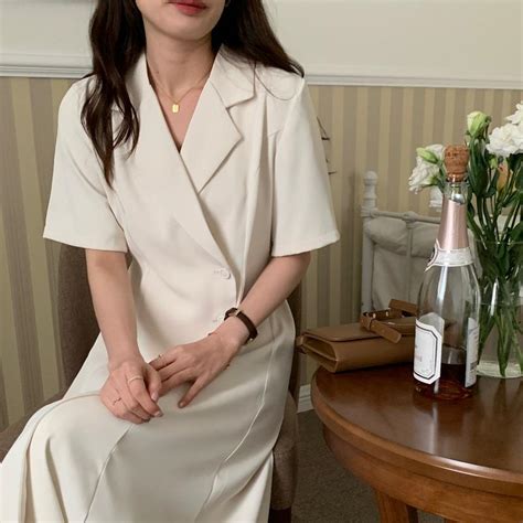 브이넥 정장 원피스 롱드레스 단추 반팔 봄 여름 커리어우먼 오피스 사무실 직장인 세미정장 세미룩 면접복장 결혼식 피로연 하객룩