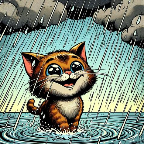 Laughing Comic Cat In Rain Illustrated Joyful Feline Art Ai Art