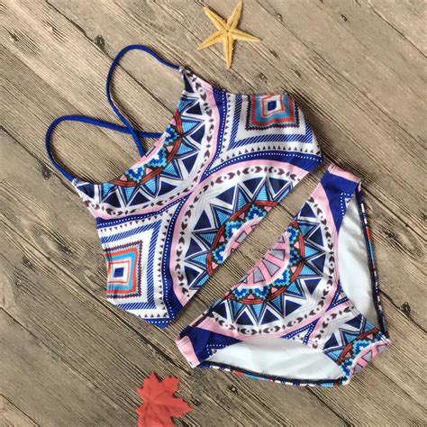 High Neck Printed Bikinis Set Padded Women Swimsuit Bandage Swimwear Biquinis Low Waist Bathing