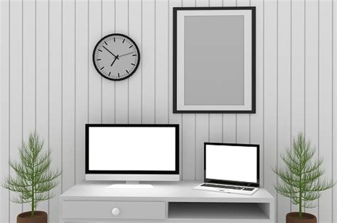 Desain Mock Up Di Ruang Putih Dengan Laptop Dan Interior Komputer Dalam