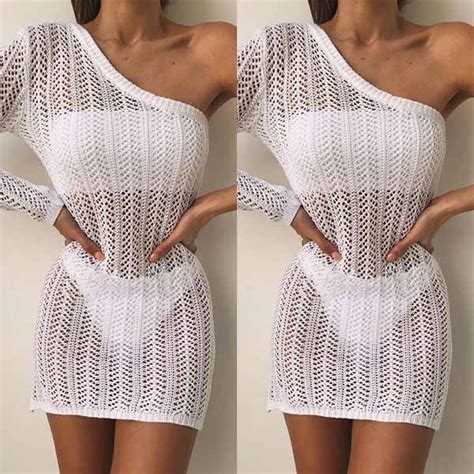Sexy One Shoulder Long Sleeve Hollow Out Knit Beach Smock