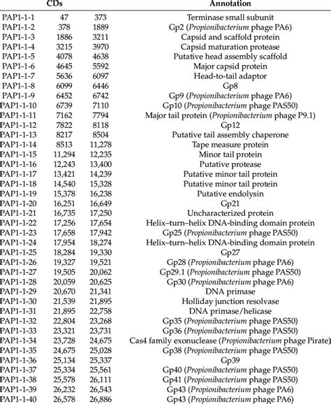 lists of genes of bacteriophage pap1 1 identified from genomic