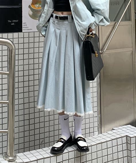 ★md Pick★ 연청 데님 스커트 핀턱 주름 세미a라인 플레어 프린지 연청 롱 스커트 긴 청치마 봄 여름 라이트데님