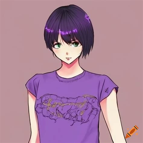 Anime Girl With Blunt Bangs And Short Hair Wearing A Purple Sleeveless T Shirt On Craiyon
