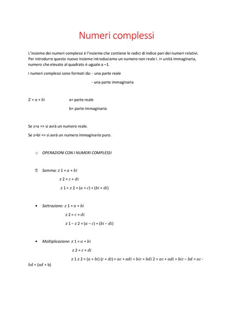 Numeri Complessi Matematica Docsity