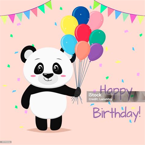 달콤한 팬더 서 고 그것의 발에 많은 다른 풍선 들고 생일 축하해요 감사에 대한 스톡 벡터 아트 및 기타 이미지 감사 곰 공휴일 Istock