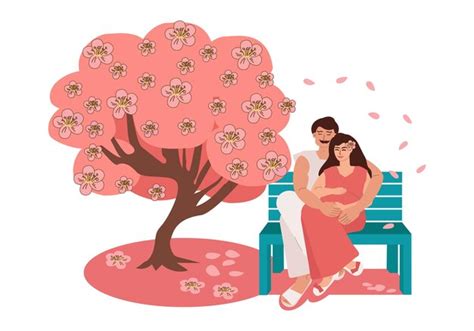 Un Mari Embrasse Sa Femme Enceinte Sur Un Banc Près De Sakura