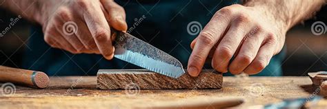 Sharpening A Knife On Wooden Bench Craftsman Carefully Sharpens Blade