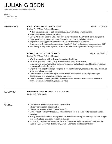Data Science Manager Resume Samples Velvet Jobs