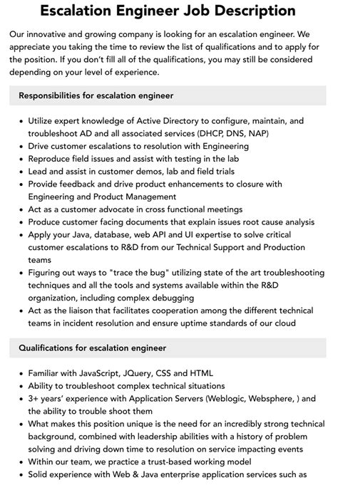 Escalation Engineer Job Description Velvet Jobs