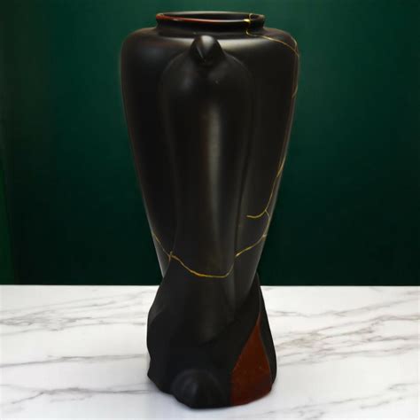 Matte Black Ceramic Vase With 22k Gold Kintsugi And Applied Birds Pure Gold Kintsugi
