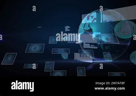 Animation Of Data Processing And Scopes Scanning Over Screens And Globe Global Connections