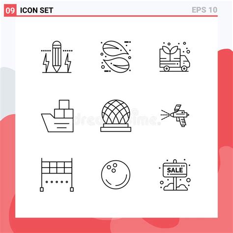 Group Of 9 Modern Outlines Set For Building Transportation Plant Logistic Box Stock Vector