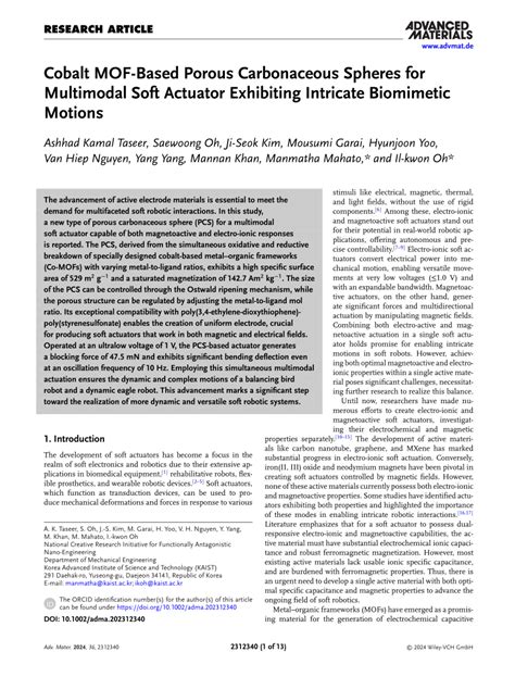 Cobalt Mof‐based Porous Carbonaceous Spheres For Multimodal Soft Actuator Exhibiting Intricate