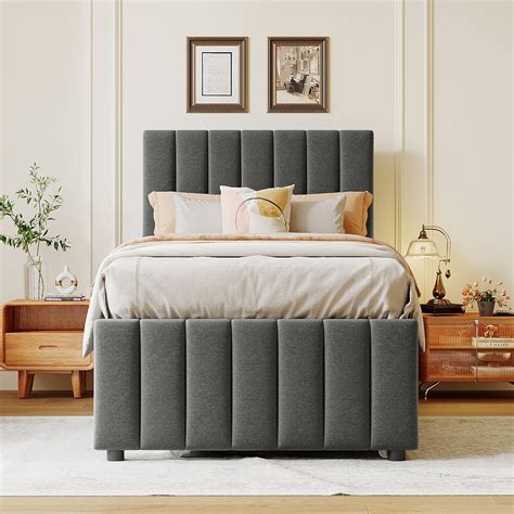 Amazon MACHOME Twin Size Upholstered Platform Bed With Trundle And