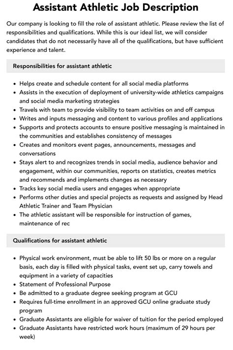 Assistant Athletic Job Description Velvet Jobs