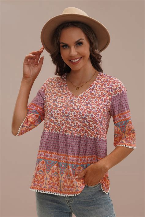 Floral Print V Neck Half Sleeve Lace Trim Top Petallush