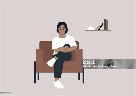 가죽 안락의자에 앉아 쉬고 있는 젊은 백인 캐릭터 두 손으로 무릎을 잡고 있는 편안하고 자신감 있는 포즈 앉음에 대한 스톡 벡터 아트 및 기타 이미지 Istock