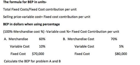 Solved The Formula For Bep In Units Total Fixed Costsfixed Cost