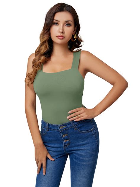 Reoria Women Tank Bodysuit Square Neck Sleeveless Tank Top Basic Slim Bodysuit For Female