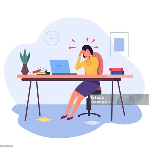여성 두통 직장 머리 통증이있는 노트북에서 걱정되는 사업가 슬픈 전문 근로자 스트레스 작업 서류 작업 책상 좌절 불행한 아픈