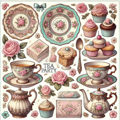 Vintage Tea Party Clip Art With Floral Details Stock Illustration
