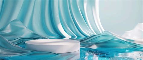 A White Cylindrical Platform Resting On A Bed Of Flowing Blue Fabric