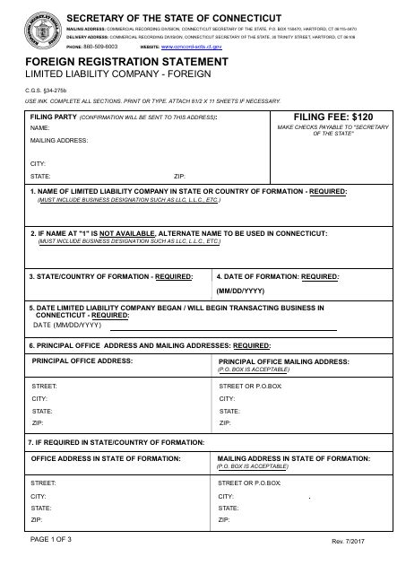 Connecticut Foreign Registration Statement Form Limited Liability Company Foreign Fill Out