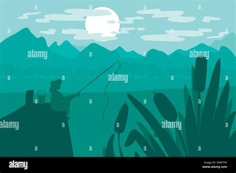 Fisherman Sitting With A Fishing Rod On The Bridge On The River Near