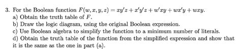 Solved For The Boolean Function F W A Y Z Xy Z Chegg