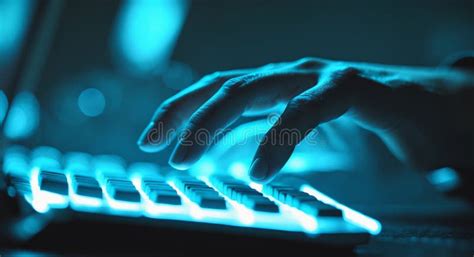 Hand On Illuminated Keyboard Coding Gaming Or Cyber Security Concept