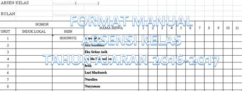Contoh Format Manual Absensi Kelas Tahun Ajaran 2016 2017 Untuk Semua