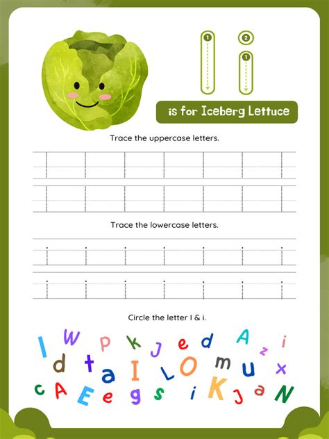 Tracing Letter I For Iceberg Lettuce Worksheet In Green Fun