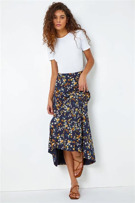 Roman Navy Ditsy Floral Print Elastic Waist Midi Skirt Matalan