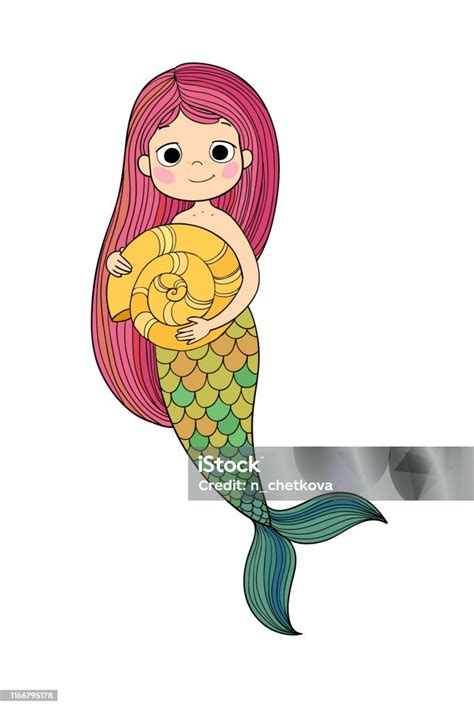 귀여운 만화 작은 인어 사이렌 바다 테마입니다 흰색 배경에 격리된 개체입니다 0명에 대한 스톡 벡터 아트 및 기타 이미지 0