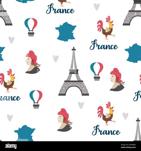 France Symbols Vector Seamless Pattern Repeating Background With Eiffel Tower Marianne Map