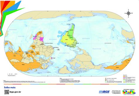 IBGE lança mapa múndi invertido o Brasil no centro e o Sul no topo