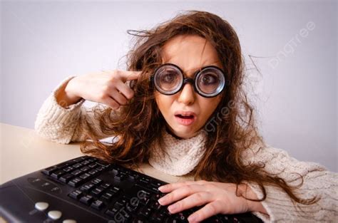 Funny Nerd Girl Working On Computer Photo Background And Picture For