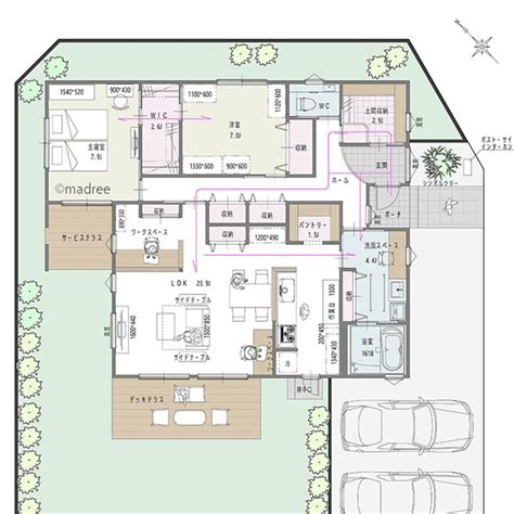 32坪 2LDK リビングに各々のスペース確保夫婦2人暮らしにちょうど良い平屋の間取り図madreeマドリー 平屋 間取り