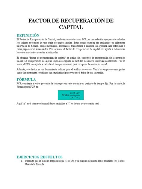 Word Factor De Recuperación De Capital Factor De Actualización De
