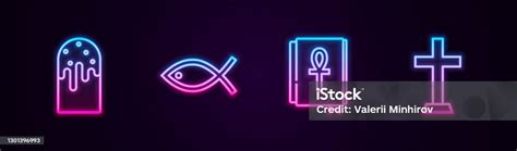 세트 라인 부활절 케이크 기독교 물고기 크로스 앙크 책과 십자가 빛나는 네온 아이콘 벡터 고대의에 대한 스톡 벡터 아트 및 기타