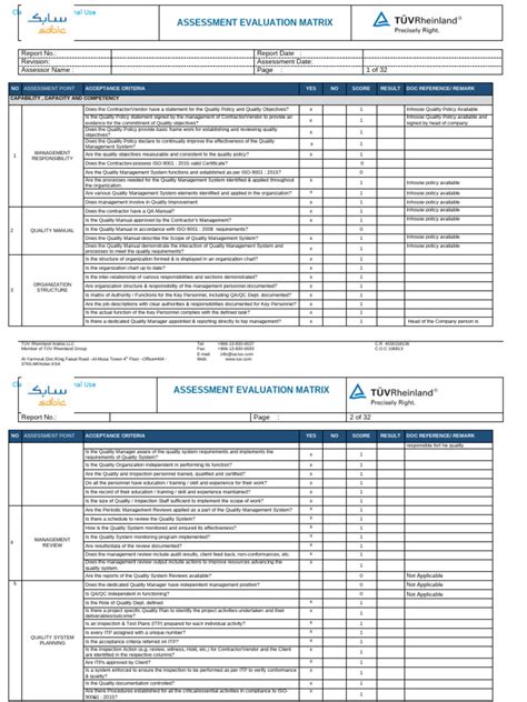 Evaluation Matrix Qms Ehss Pdf Calibration Specification Technical Standard