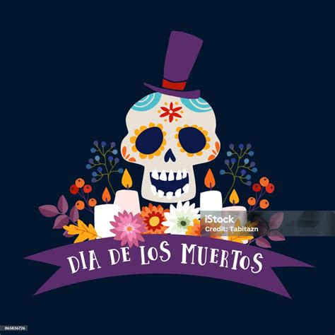 디 아 드 로스 안 돼 인사말 카드 초대장입니다 죽음의 멕시코 하루입니다 장식용 설탕 두개골 모자 리본 배너 초와 꽃 손으로 그린 그림 어두운 배경 벡터 포스터 만성절에