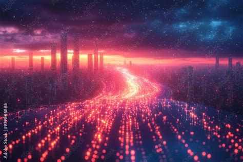 Futuristic Digital Landscape With Glowing Binary Code Streams And