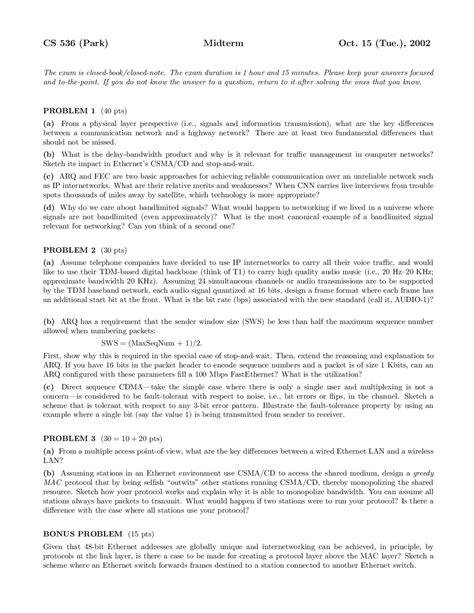 Midterm Problems Data Communication And Computer Networks Cs 53600 Docsity