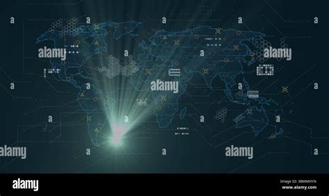 Displaying World Map On Interface Showing Hexagon Grids Circular Data Nodes And Light Flare