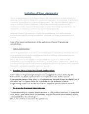 Limitations Of Linear Programming Docx Limitations Of Linear Programming Linear Programming Is